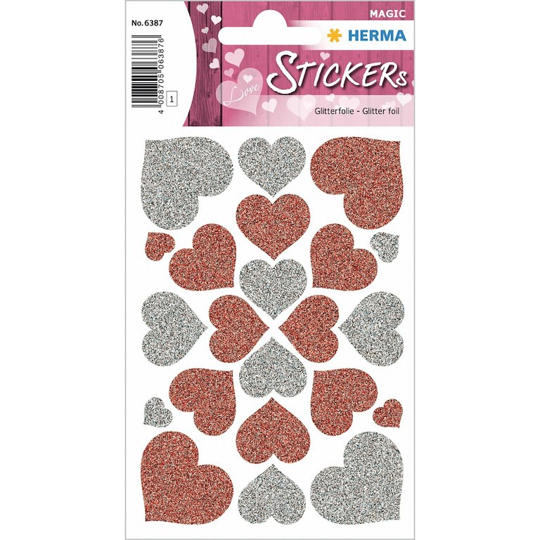 Stikeri MAGIC HAERTS RED+SILVER, GLITTER Herma