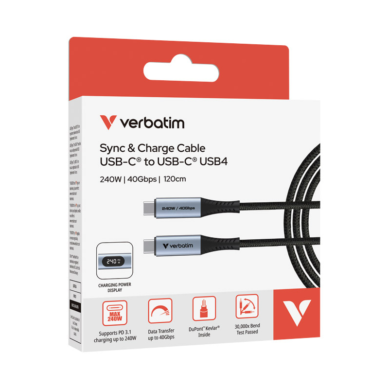 Kabal USB-C Za Sinhronizaciju I Punjenje Sa Displejem 240W/40Gbps/120cm Sync & Charge Verbatim 31849 Crni