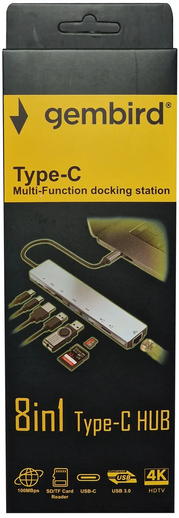 A-CM-COMBO8-05 **Gembird USB HUB Type-C 8-in-1 multi-port adapter USB-C+USB-A+HDMI+PD+card+RJ45 139