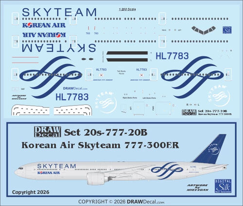 NEW! Draw Decal 20-777-20B Boeing 777-300ER - Korean Air Skyteam
