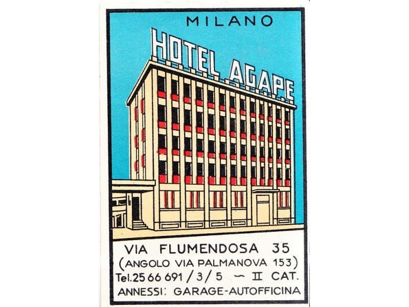 MILANO , HOTEL , SAMOLEPLJIVA NALEPNICA 1950