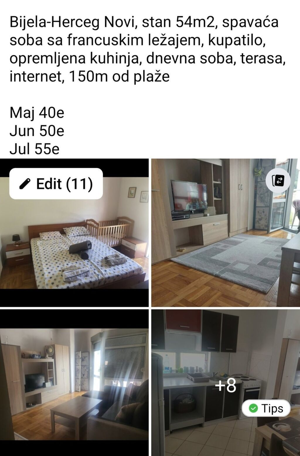 Bijela – Herceg Novi, stan 54 m². Raspored: spavaća soba sa francuskim
