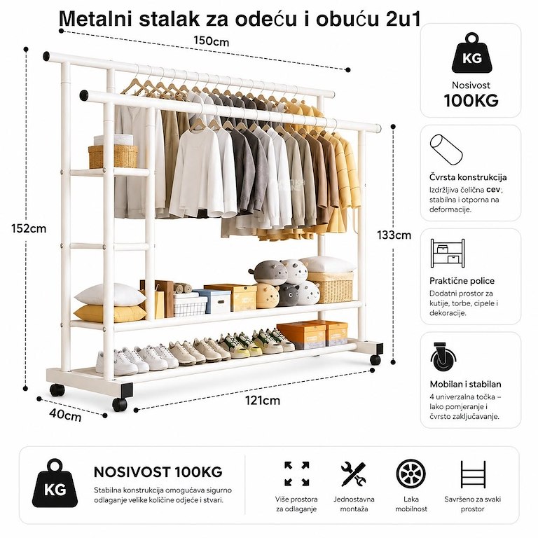 Metalni stalak za odeću i obuću 2u1