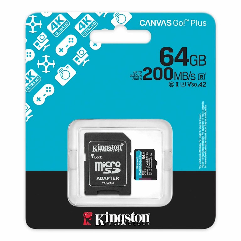 Micro SD 64GB KINGSTON Canvas Go! Plus SDCG4/64GB, sa adapterom, up to 200MB/s read, za 4K snimanje