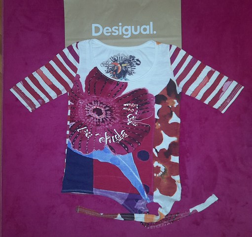 Desigual bela,roze majica 3/4 rukav pamuk,viskoza