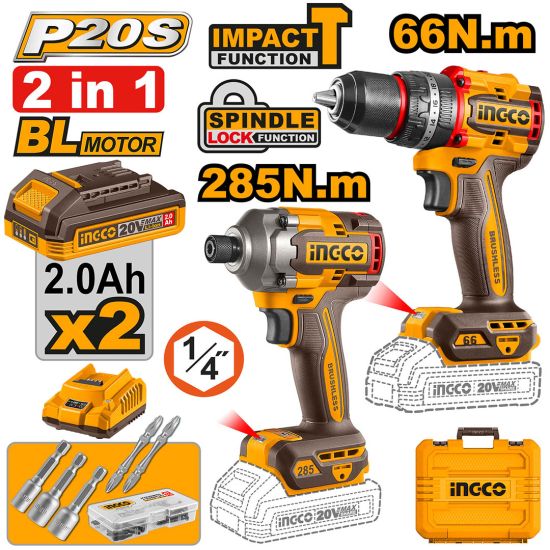 Akumulatorski set vibraciona bušilica + udarni odvrtač + 20V 2x2,0Ah + pribor Super INGCO CKLI20277E