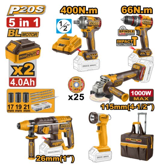 Akumulatorski set vibraciona bušilica + udarni odvrtač + čekić bušilica + ugaona brusilica + led lampa + 20V 2x4,0Ah + pribor Super INGCO CKLI2059E