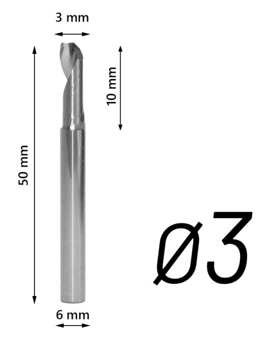 Jednopero CNC glodalo za aluminijum 3mm, prihvat 6mm, ukupna dužina 50mm FUL 300A.030.A