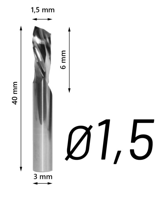 Jednopero CNC glodalo za plastiku 1,5mm, prihvat 3mm, ukupna dužina 40mm FUL 310A.015
