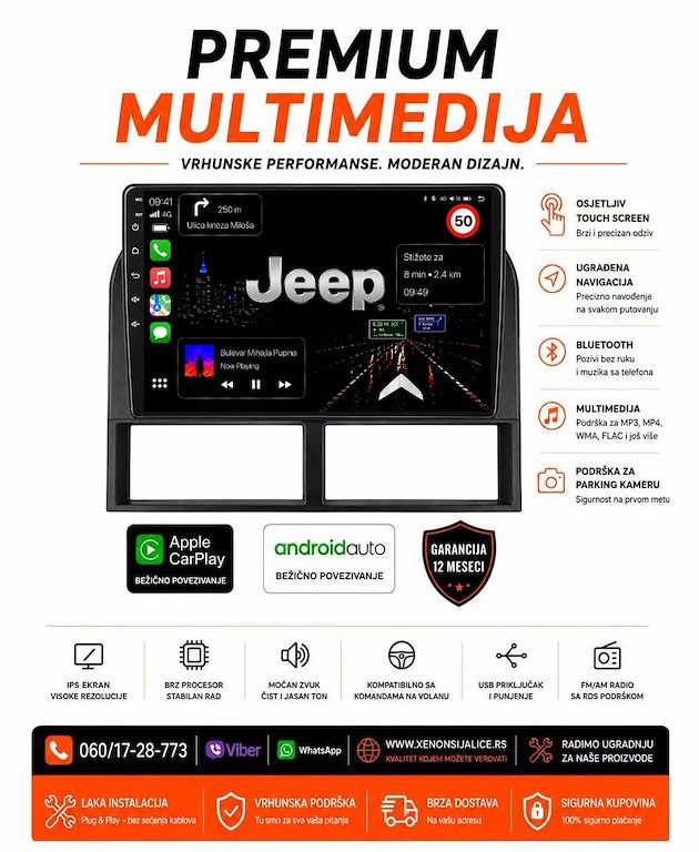 JEEP MULTIMEDIJA ANDROID,CAR PLAY NAVIGACIJA TOUCH SCREEN 10 INCA