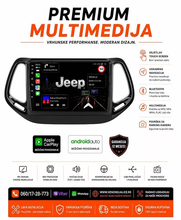 JEEP MULTIMEDIJA ANDROID,CAR PLAY NAVIGACIJA TOUCH SCREEN 10 INCA