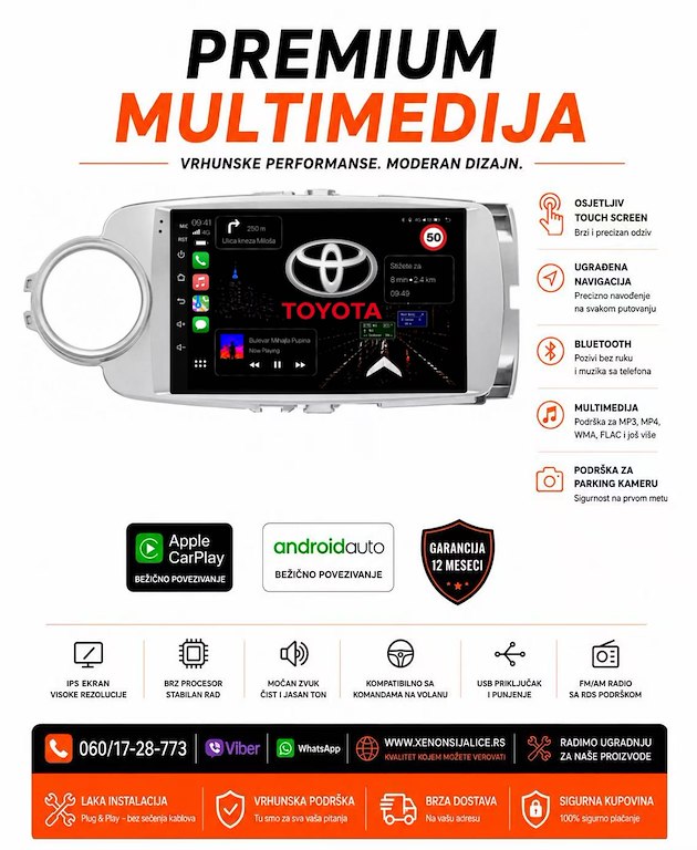 TOYOTA YARIS NOVI TIP MULTIMEDIJA ANDROID,CAR PLAY NAVIGACIJA TOUCH SCREEN 10 INCA