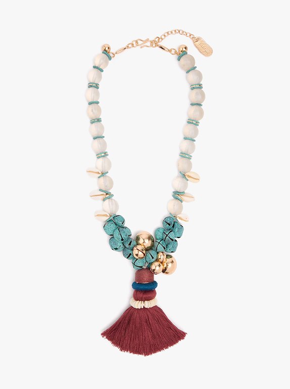 NECKLACE OF GLASS BEADS AND SHELLS WITH BELLS