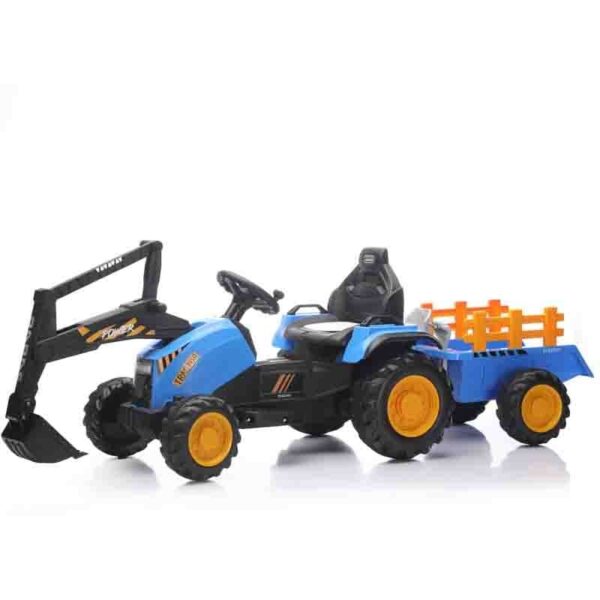 Veliki Traktor na akumulator 12V sa daljinskim upravljačem, prikolicom i kašikom – Plavi (Poklon Lopata + Grabulje)