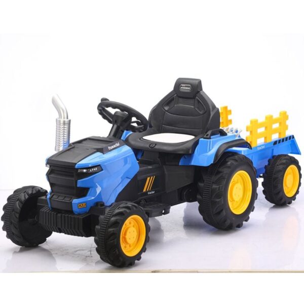 Veliki Traktor na akumulator 12V sa prikolicom i daljinskim upravljačem – Plavi (Poklon lopatica + grabulje)