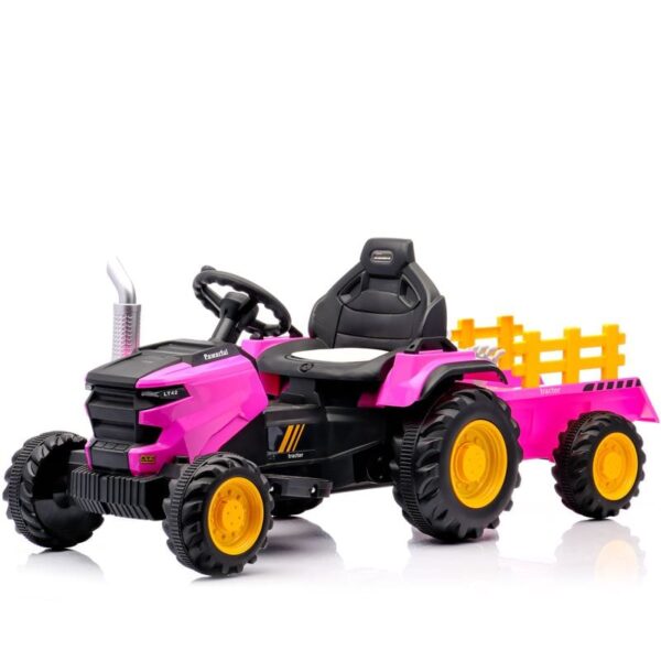 Veliki Traktor na akumulator 12V sa prikolicom i daljinskim upravljačem – Roze (Poklon lopata + grabulje)