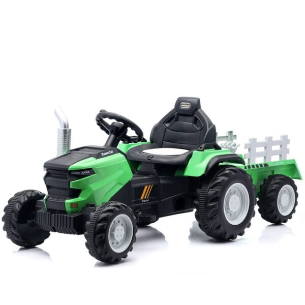 Veliki Traktor na akumulator 12V sa prikolicom i daljinskim upravljačem – Zeleni (Poklon Lopata + Grabulje)