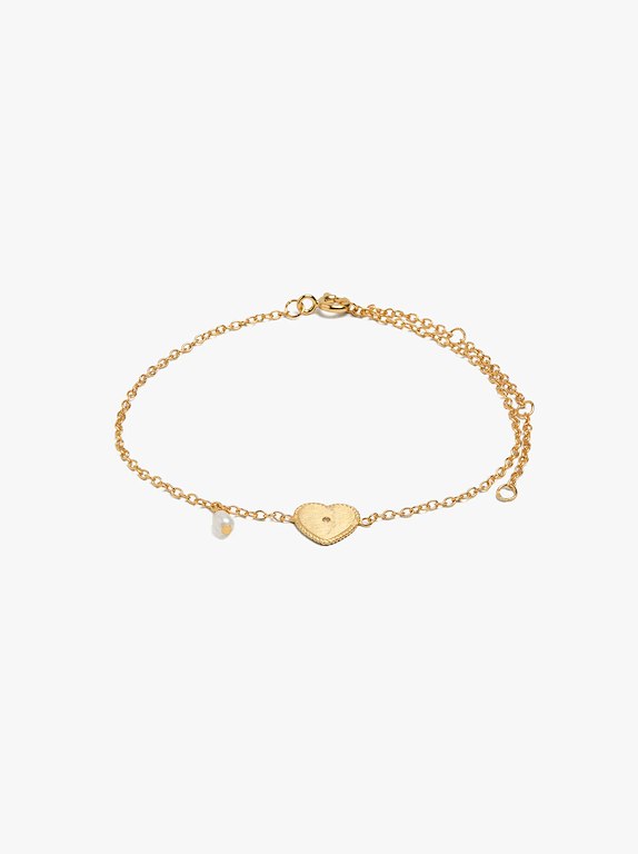 18K GOLD PLATED HEART BRACELET WITH ZIRCONIA AND PEARL - 925 STERLING SILVER