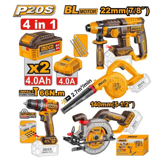 Akumulatorski set udarna bušilica + elektro-pnumatska čekić/bušilica + kružna testera + duvač lišća + 20V 2x4,0Ah Super INGCO COSLI250695E