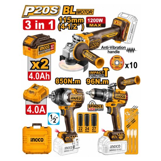 Akumulatorski set udarna bušilica + udarni odvrtač + ugaona brusilica + 20V 2x4,0Ah + pribor + Super INGCO COSLI251292E