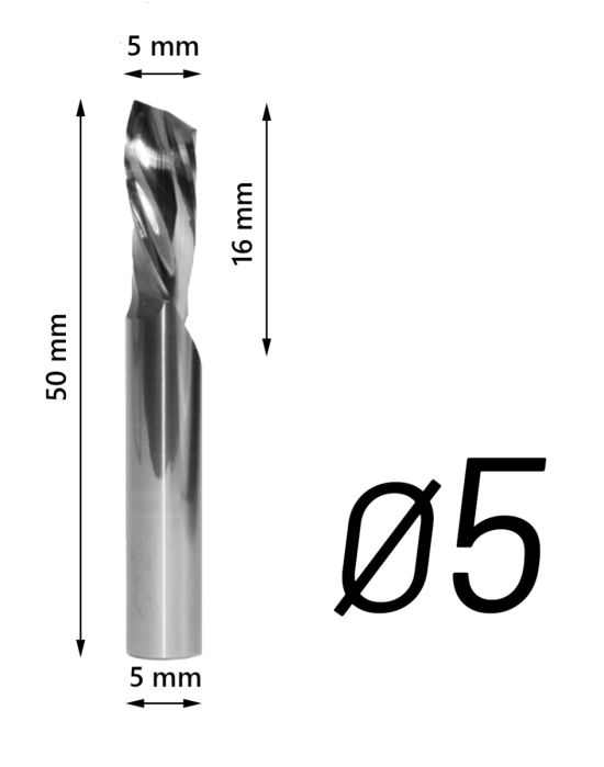 Jednopero CNC glodalo za plastiku 5mm, prihvat 5mm, ukupna dužina 50mm FUL 310A.050