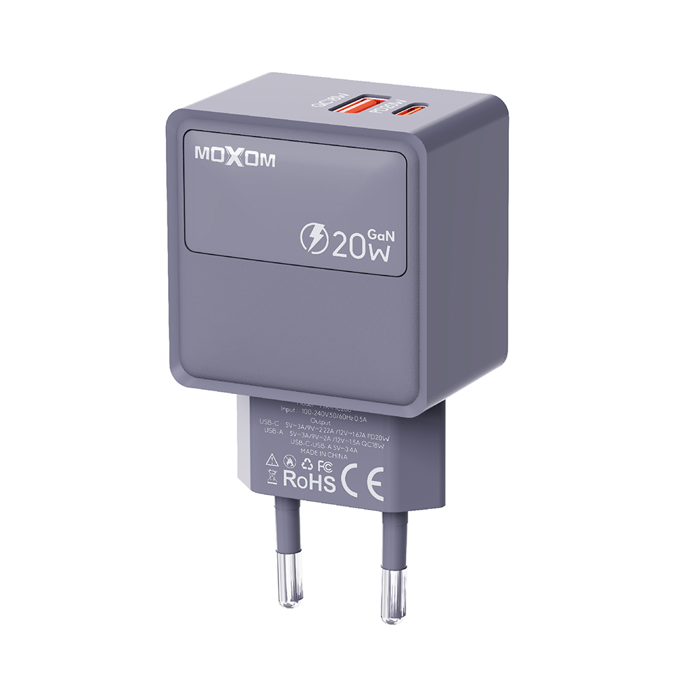 Kuciste punjaca MOXOM MX-HC286 Type C + USB 20W sivi (MS)
