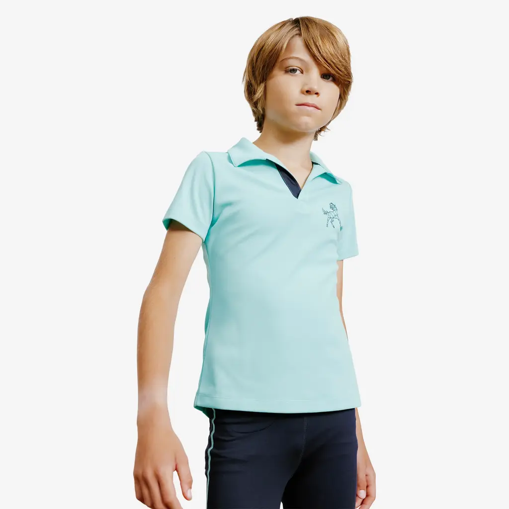 POLO MAJICA 500 KRATKIH RUKAVA ZA JAHANJE DEČJA TIRKIZNA