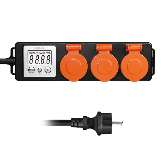 Logilink produžni kabl outdoor 3 mesta, LCD displej potrošnje, 1.4m, IP44, crna