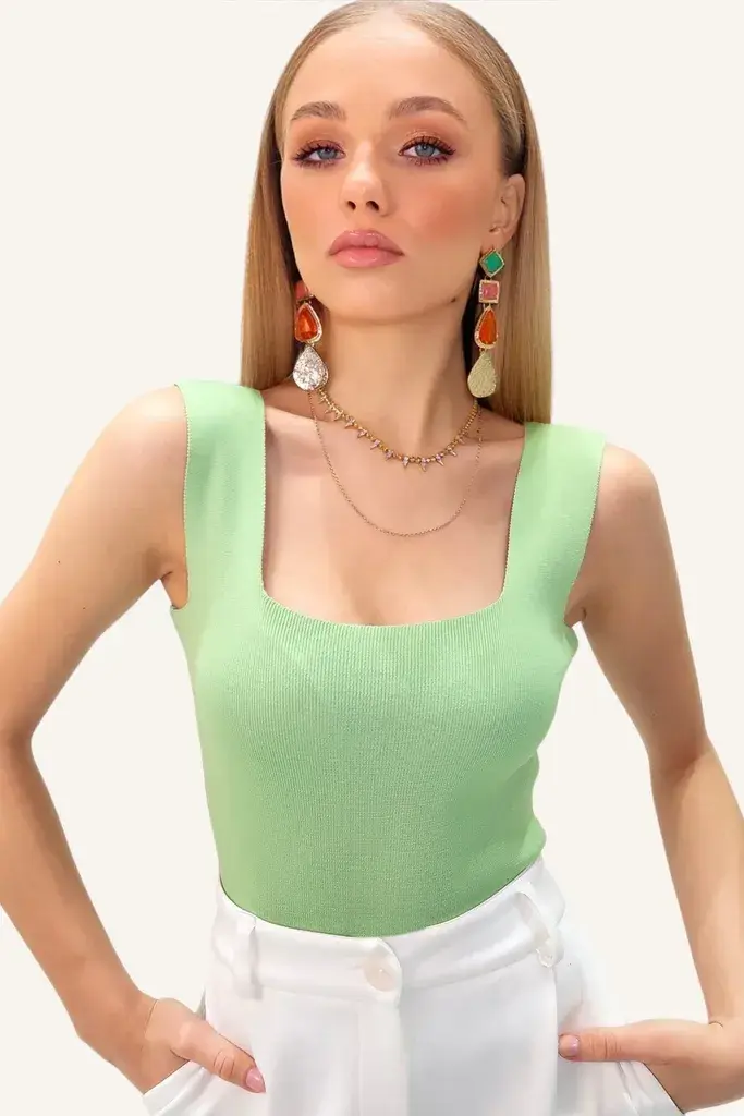 Trend Alacati Stili Ženska bluza bez rukava ALC-7122, Brod izrez, Zelena