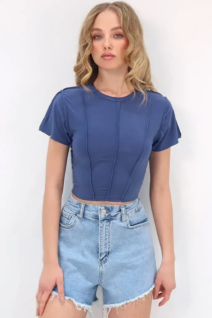 Trend Alacati Stili Ženska bluza kratkih rukaa Alc-X11782, Okrugli izrez, Plava