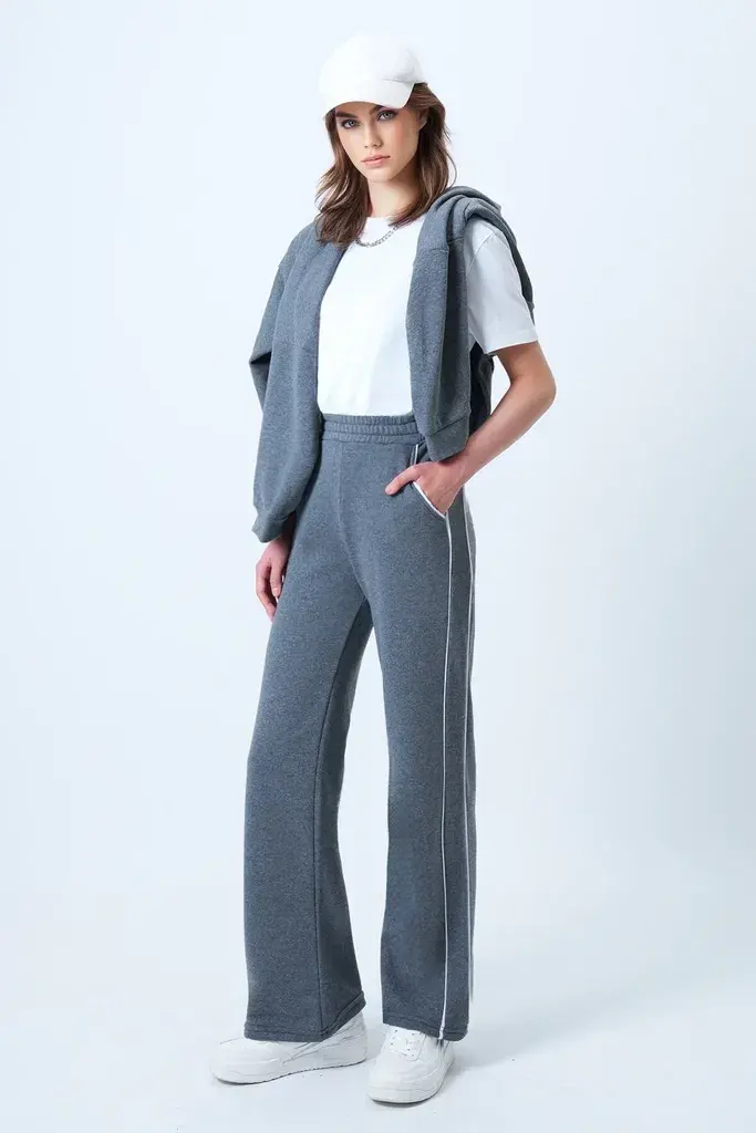 Trend Alacati Stili Ženske antracit široke trenerka pantalone sa paspul detaljima i elastičnim pojasom Alc-X14611, Antracit / Siva