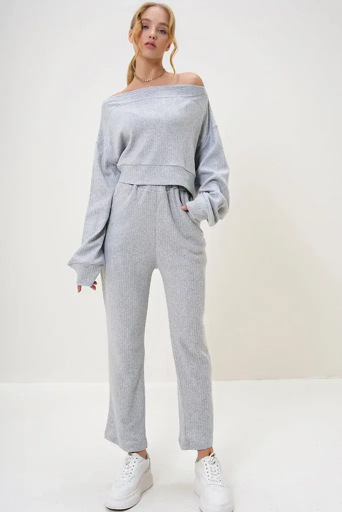 Trend Alacati Stili Ženski komplet duks i pantalone Alc-X13075, Sivi