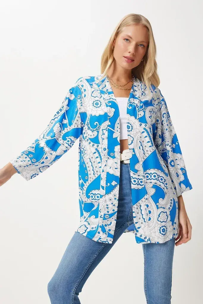 Happiness Istanbul Ženski Plavo-Beli Šareni Viskoza Kimono EN00615, Plavo-Belo / Plavo