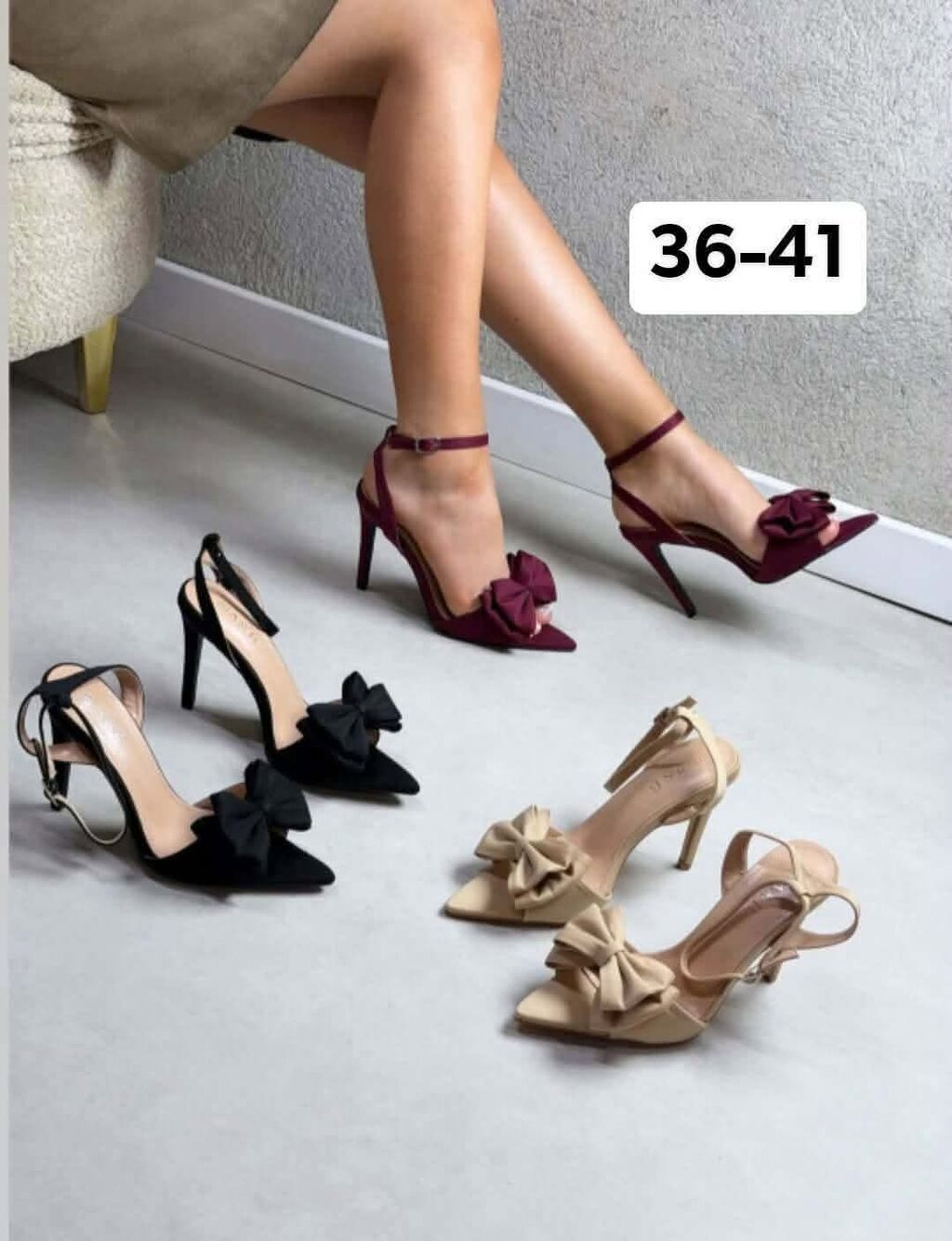 Elegantne ženske salonke/sandale sa špicastim vrhom i mašnom. -