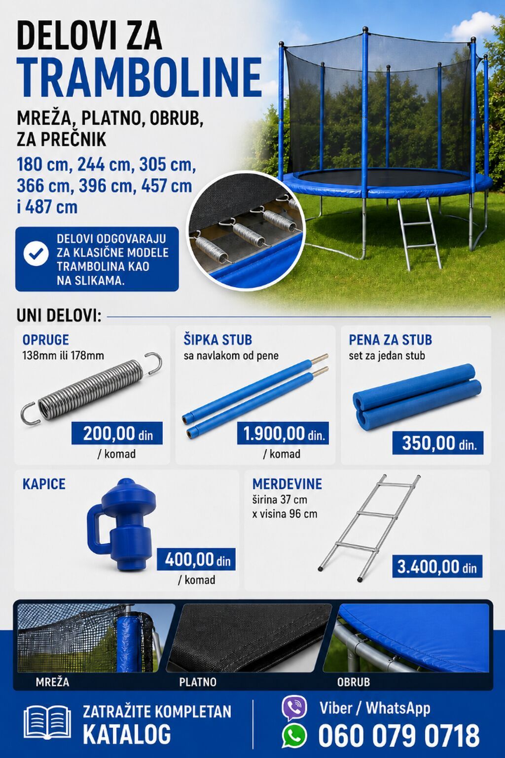 DELOVI ZA TRAMBOLINE Mreže, platna, opruge, stubovi, pena, merdevine…