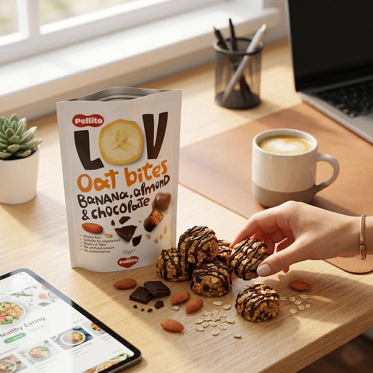 OVSENI ZALOGAJ SA BANANOM, BADEMOM I ČOKOLADOM PELLITO 70G