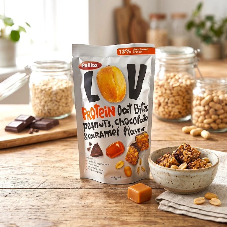PROTEINSKI OVSENI ZALOGAJ SA KIKIRIKIJEM, ČOKOLADOM I KARAMELOM PELLITO 70G