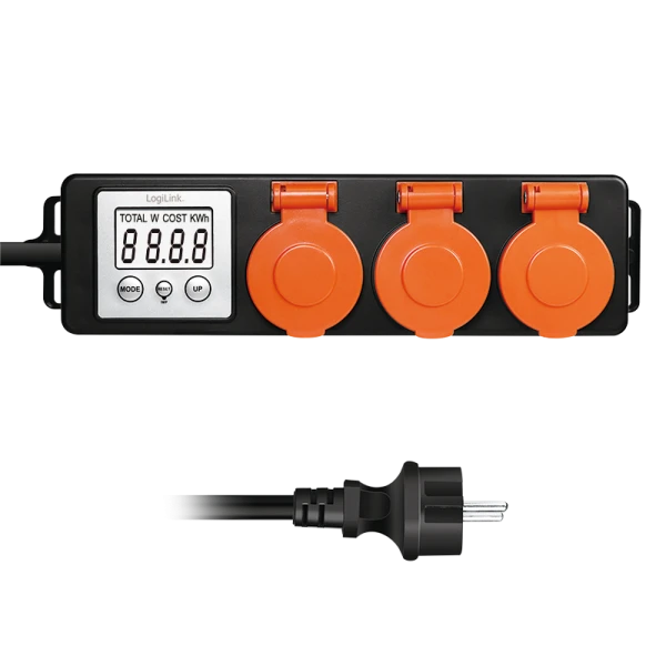 Logilink produžni kabl outdoor 3 mesta, LCD displej potrošnje, 1.4m, IP44, crna