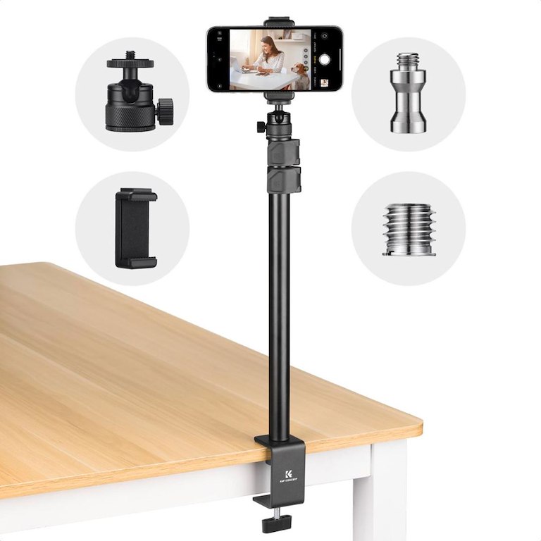 K&F Concept 37–90cm C-Clamp Desktop Stand with Ball Head, Light Stand Adapter, Phone Holder KF34.040