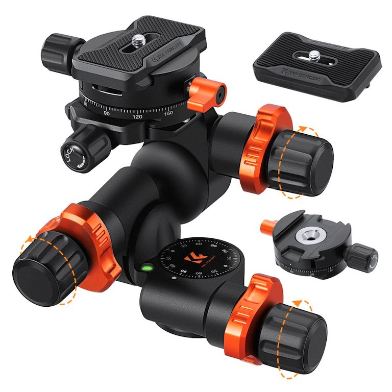 K&F Concept Geared Tripod Head, 360° Panoramic 3-Way Ballhead KF31.127