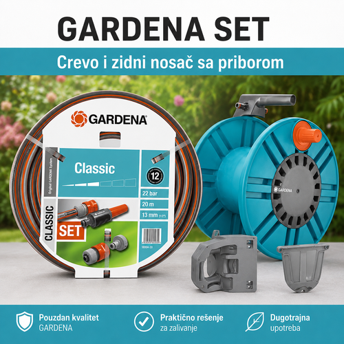 GARDENA SET CREVO CLASSIC 1/2"(13MM) 20M + NASTAVCI + PRSKALICA + NOSAČ CREVA ZIDNI