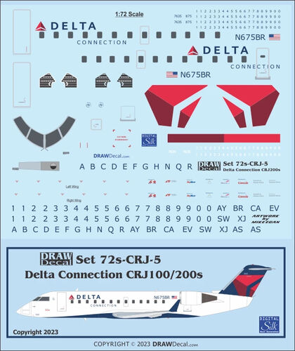 NEW! Draw Decal 72-CRJ-05 Bombardier CRJ200 - Delta Connection