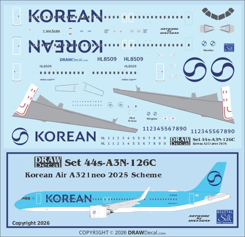 NEW! Draw Decal 44-A3N-126C Airbus A321neo - Korean Air (2025 Scheme with Coroguard)