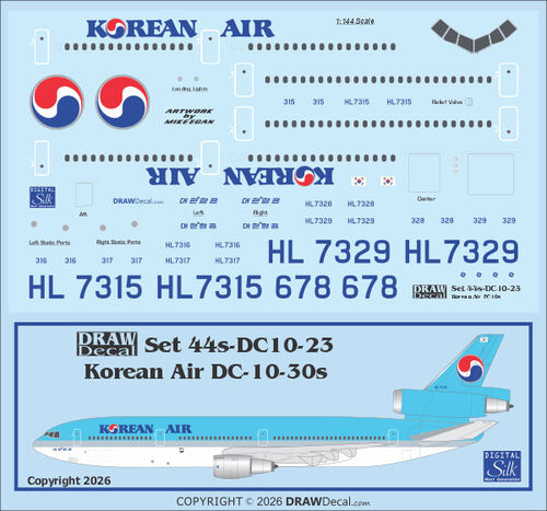 NEW! Draw Decal 44-DC10-23 McDonnell Douglas DC-10-30 - Korean Air