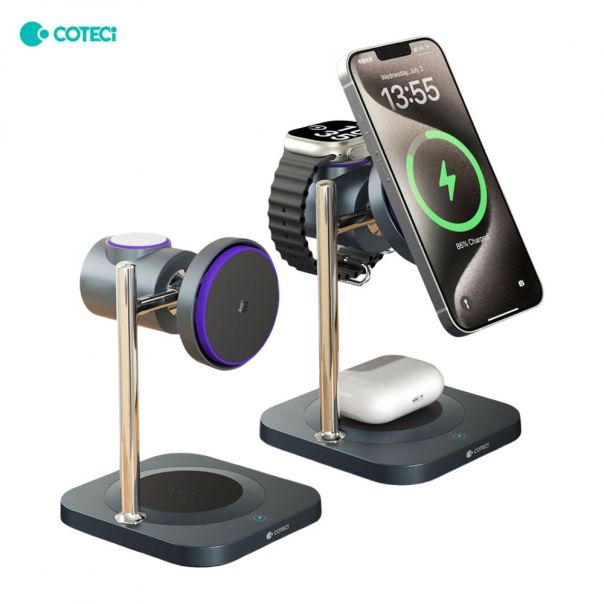 Wireless punjac Coteci BS-025 3u1 za mobilni telefon/slusalice/pametni sat crni