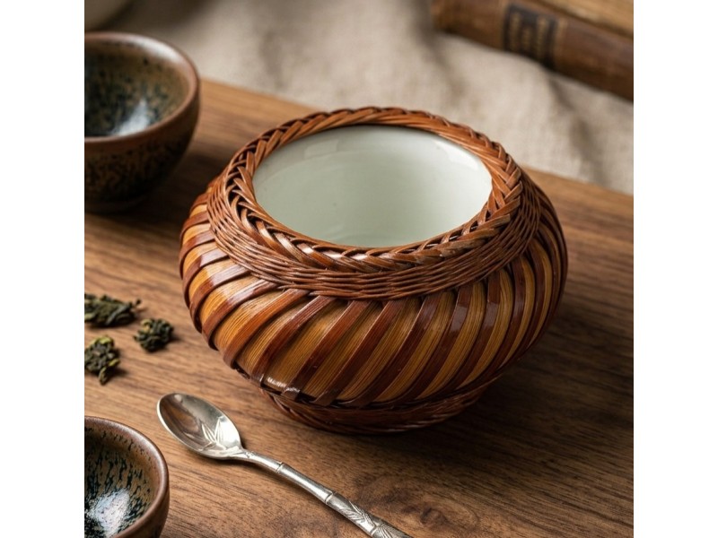 Elegantna Porcelanska posuda u Rucno pletenom bambusu
