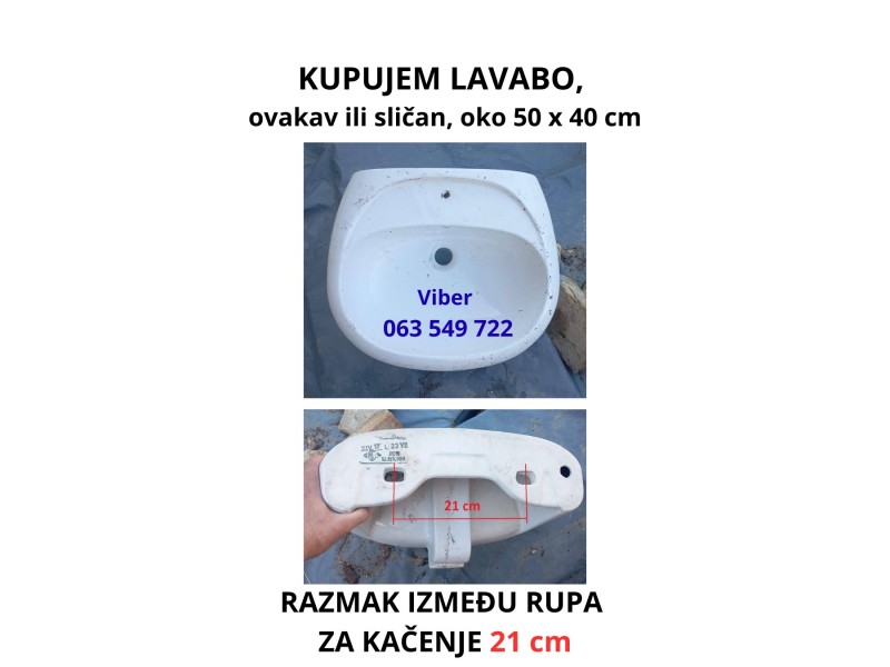 LAVABO oko 50 x 40 cm, raspon rupa za kačenje na zid 21