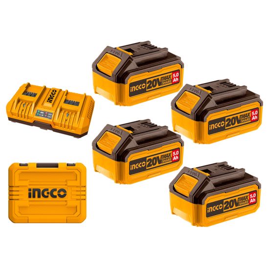 Set baterije 20V 4x5,0Ah i dupli punjač 8A u koferu Super INGCO FBCLI20285E