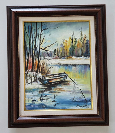 Ulje na platnu - Zima, reka i camac