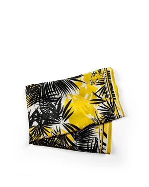PARÉO EN MOUSSELINE AVEC MOTIF TROPICAL EN JAUNE ET NOIR